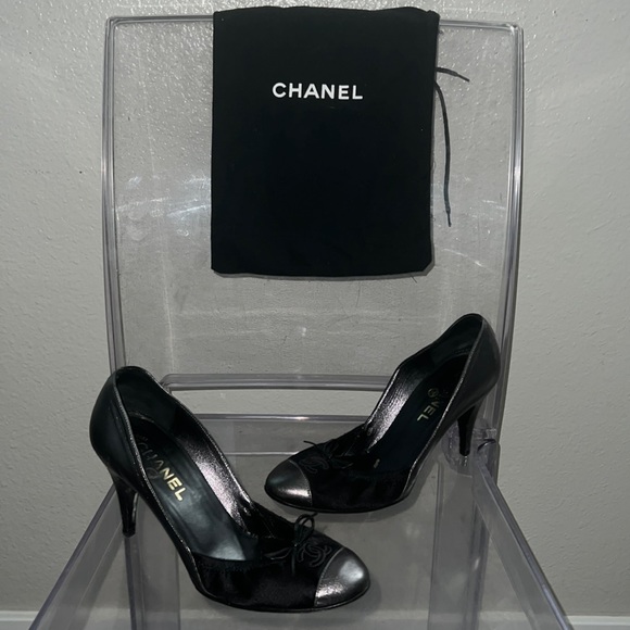 CHANEL | Shoes | Chanel Cap Toe Black Satinsilver Leather Heels 37 2 ...